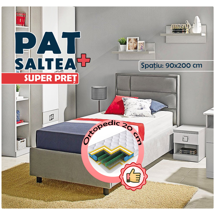 Pat cu saltea Ambianta Amigo Gri + Saltconfort Classic Ortopedic 90х200/20 cumpără în Chișinău ...