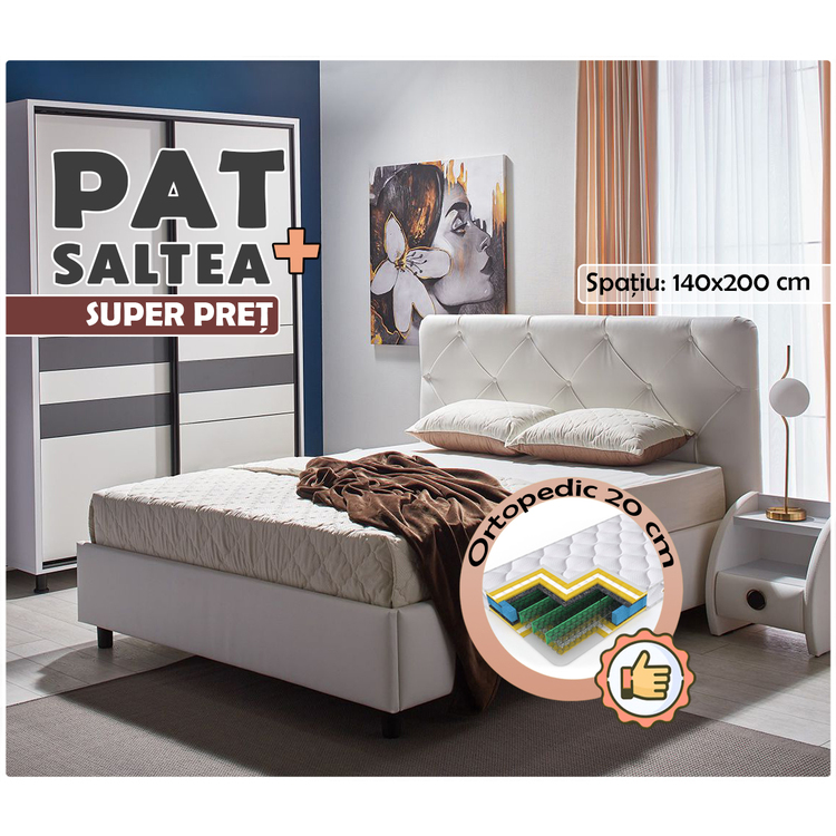 Pat cu saltea Ambianta Cristal Alb + Saltconfort Classic Ortopedic ...