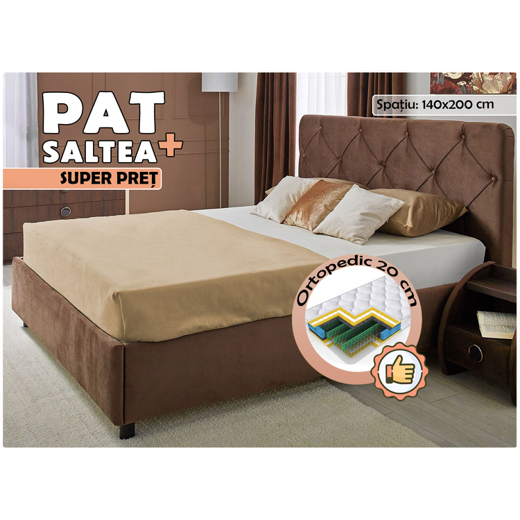 Pat cu saltea Ambianta Cristal Maro + Saltconfort Classic Ortopedic ...