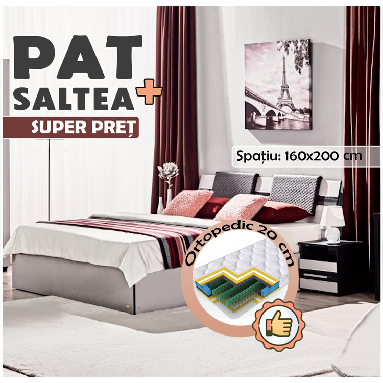 Pat cu saltea Ambianta Fenix Grafit/Gri deschis/Hacienda Gri + Saltconfort Classic Ortopedic ...
