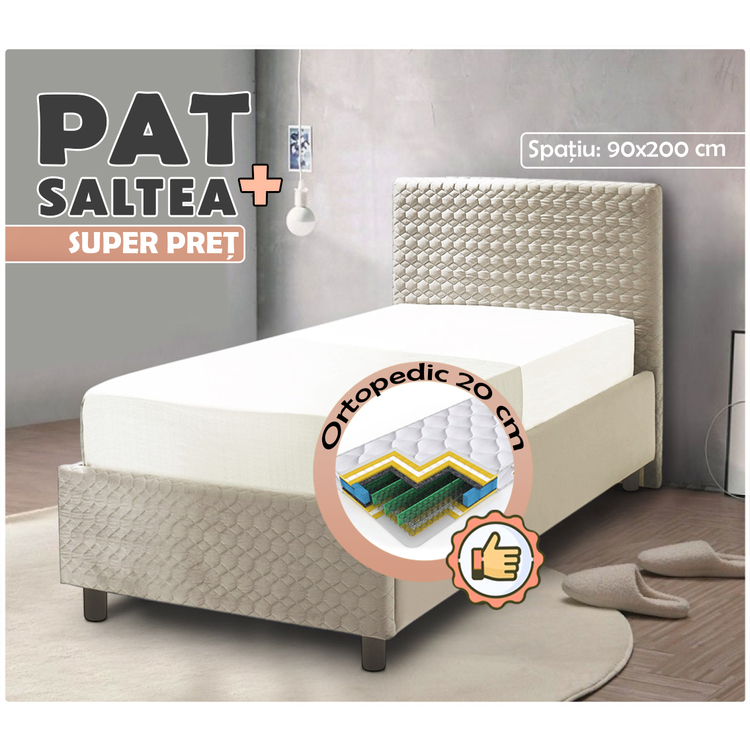 Pat cu saltea Ambianta Fidelio Bej + Saltconfort Classic Ortopedic ...