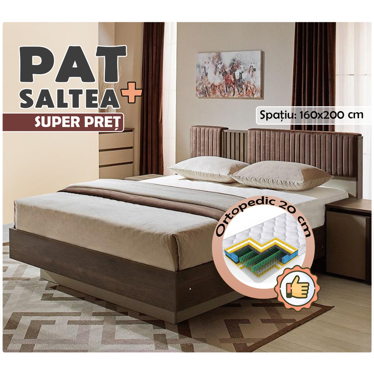 Pat cu saltea Ambianta Malta cu suport PAL Nuc/Fungo/Maro + Saltconfort ...