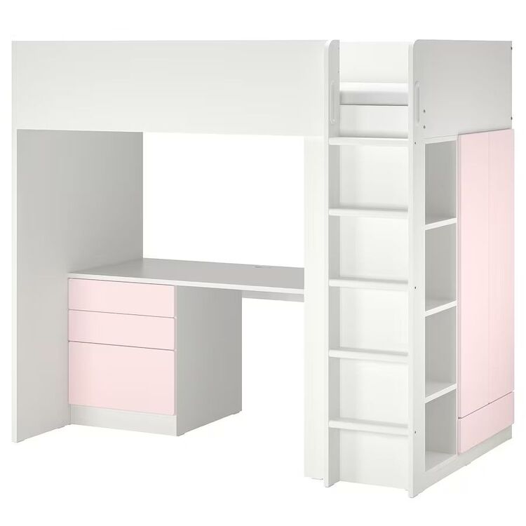 Pat supraetajat Ikea Smastad cu birou 90x200 (Alb/Roz Pal)