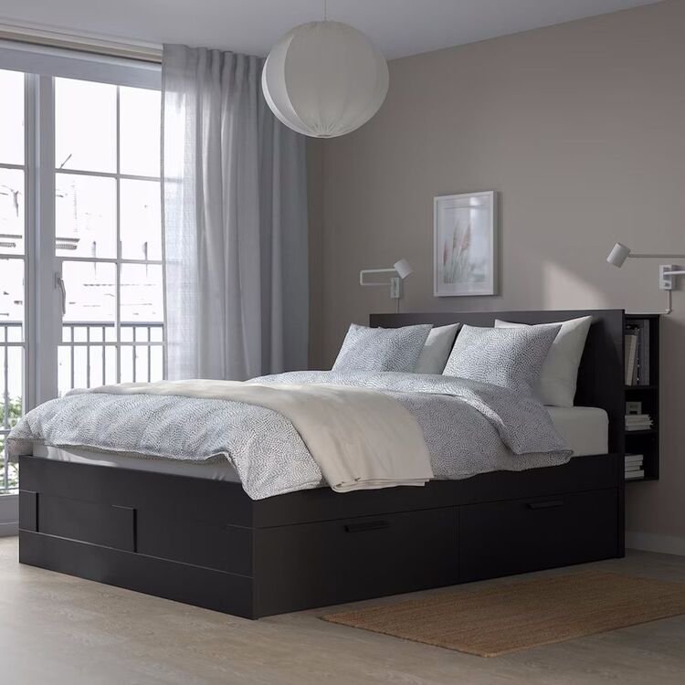 Кровать Ikea Brimnes Lindbaden с ящиками/подголовником 160x200 (Черный ...